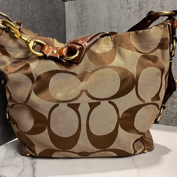 Coach | Bags | Coach Signature Jacquard Hobo Carly Handbag In Khaki ...